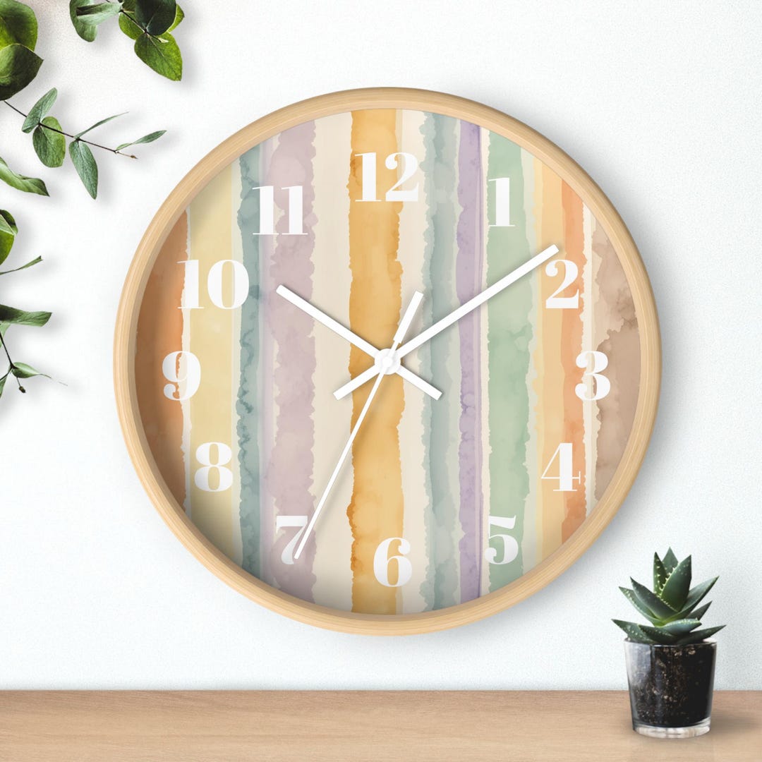 Watercolor Stripe Clock, Soft Sunwashed Wall Art, Pastel Coastal Clock ...