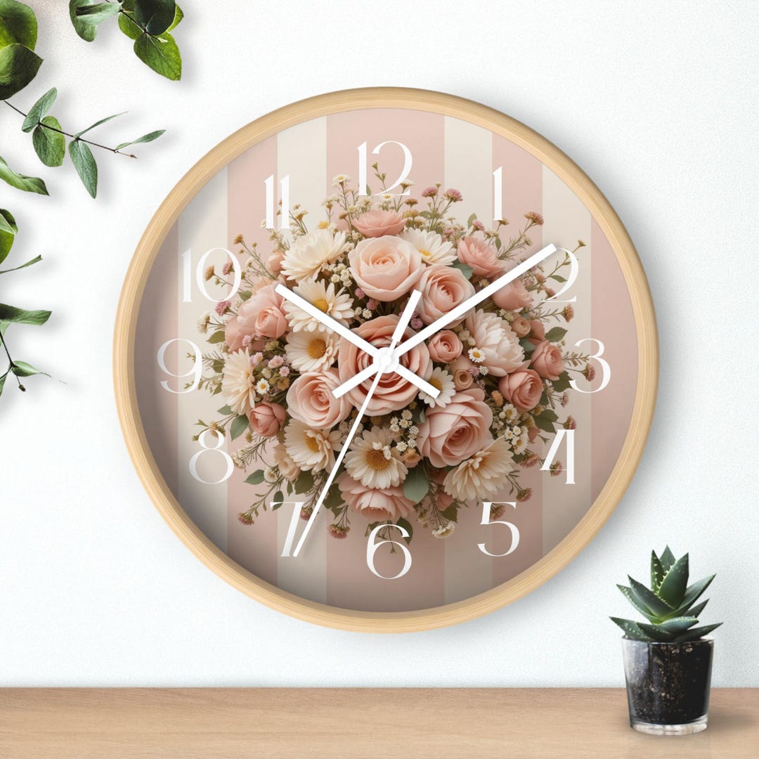 Boho Floral Bouquet Wall Clock, 3D Soft Pink Peony & Rose Art Clock ...