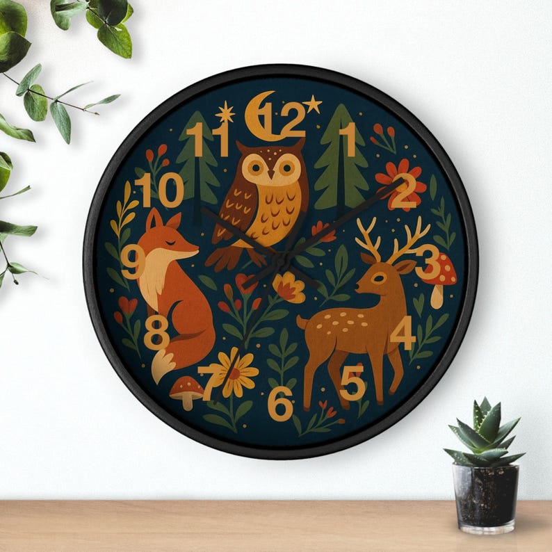 Enchanted Forest Folk Art Wall Clock, Woodland Animal Ring Design ...