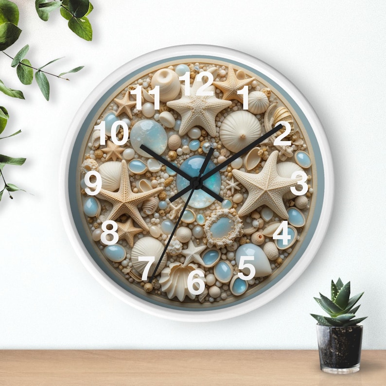 Beach Seashell Wall Clock, Coastal Opal and Starfish Clock, Cream and ...