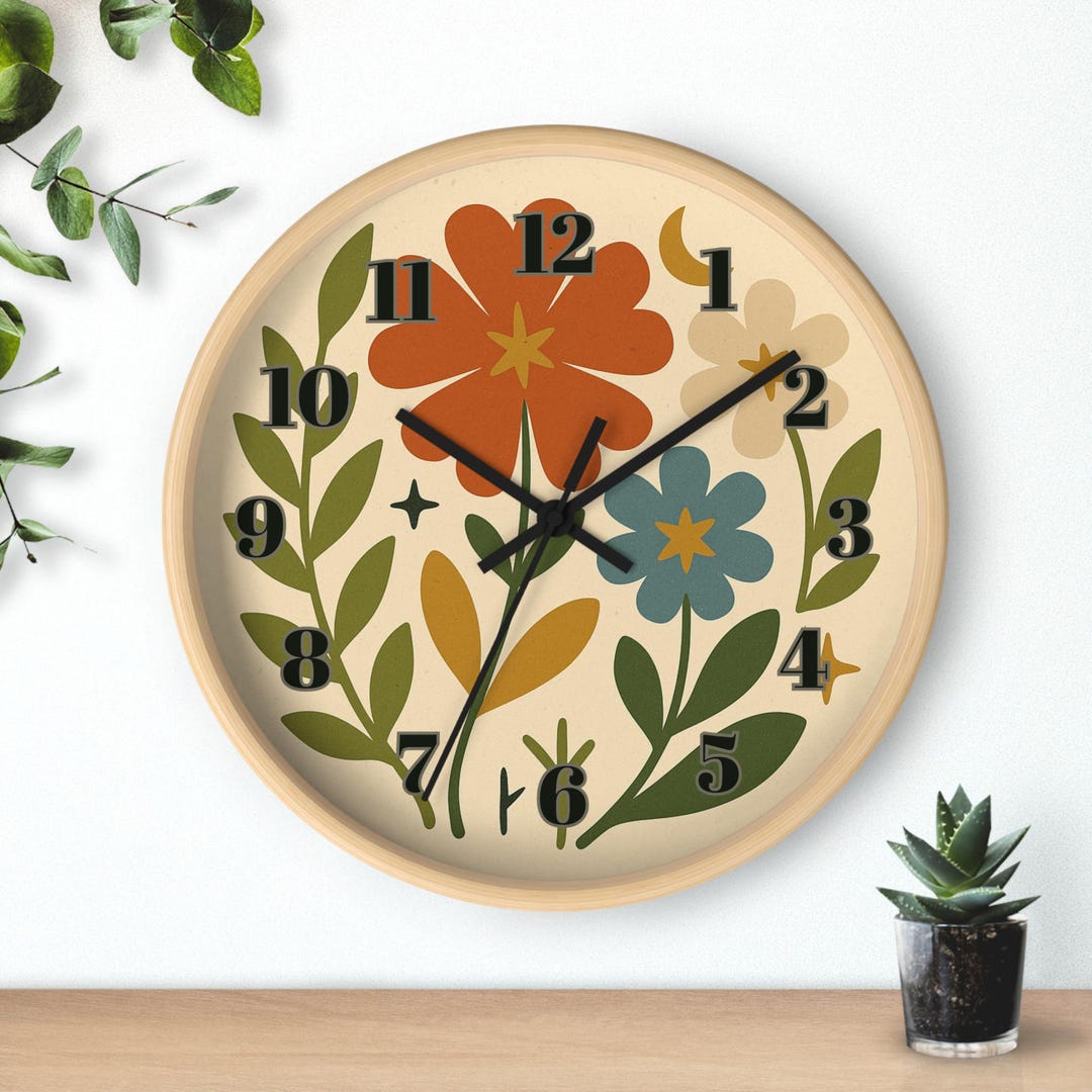 Folk Art Floral Wall Clock, Mystical Botanical Design, Boho Nature ...