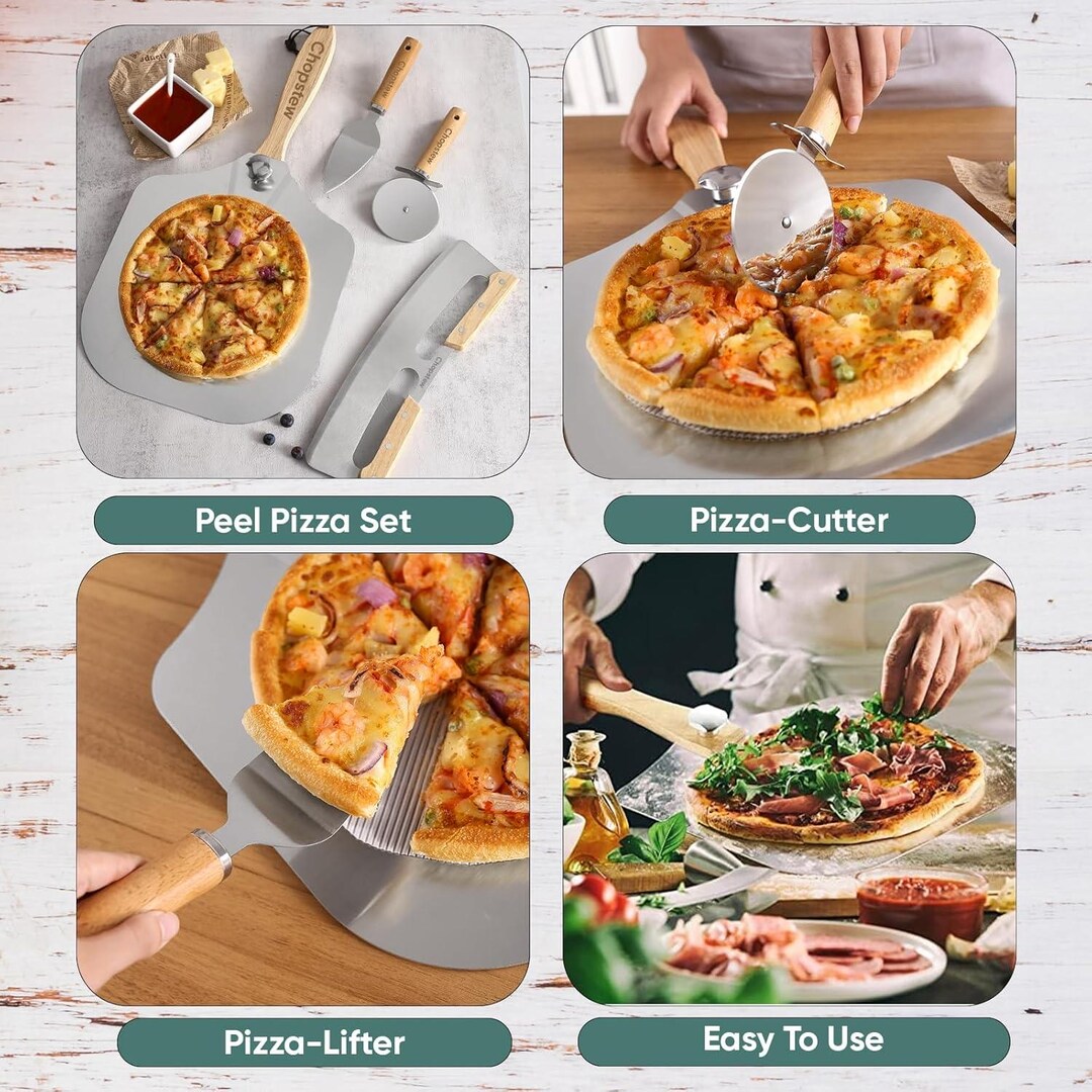 4-piece Pro Pizza Peel Set With Foldable Wood Handle, Aluminum Metal ...