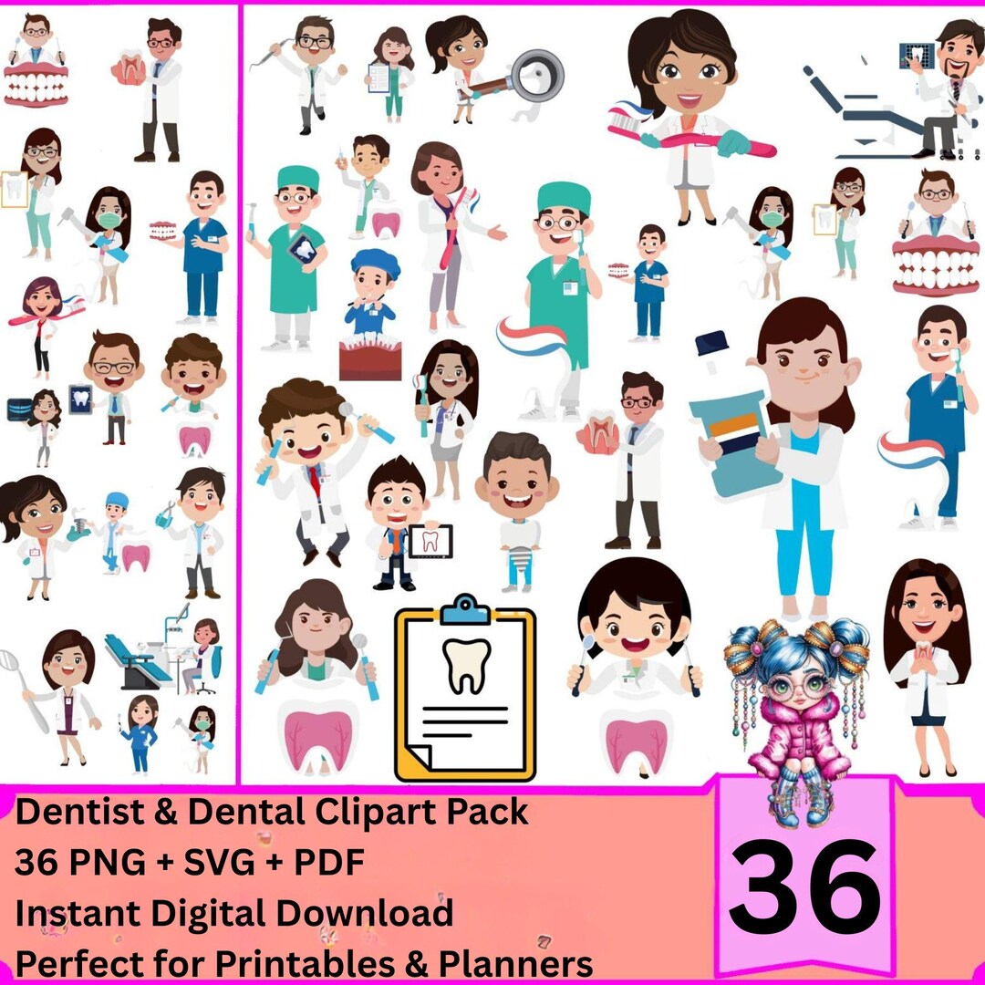 Dentist Clipart Pack PNG SVG | Dental Art Graphics | Tooth , Dentist ...