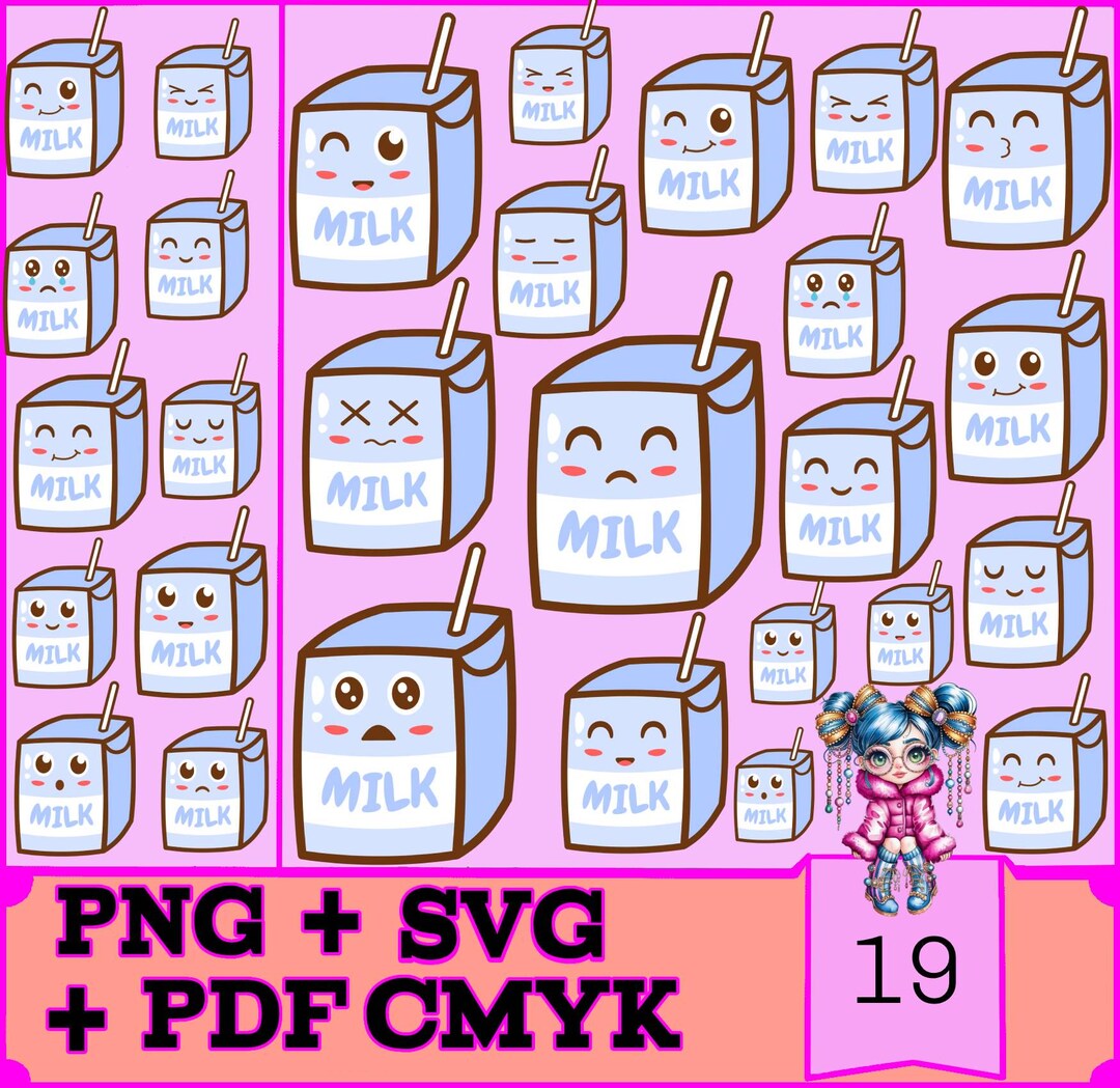 Kawaii Milk Carton Digital SVG, PNG and PDF Bundle – 19 Cute Instant Download Images for ...