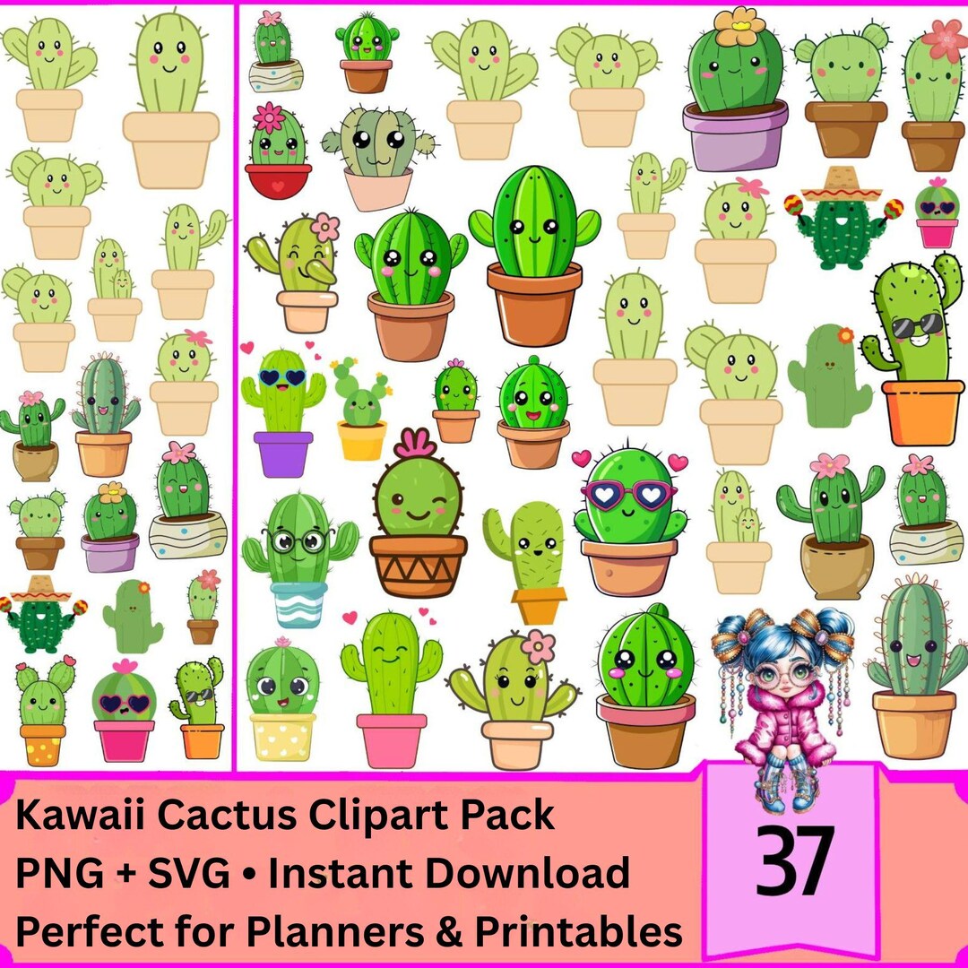 Kawaii Cactus Clipart PNG SVG | Cactus Illustrations | Desert Plant ...