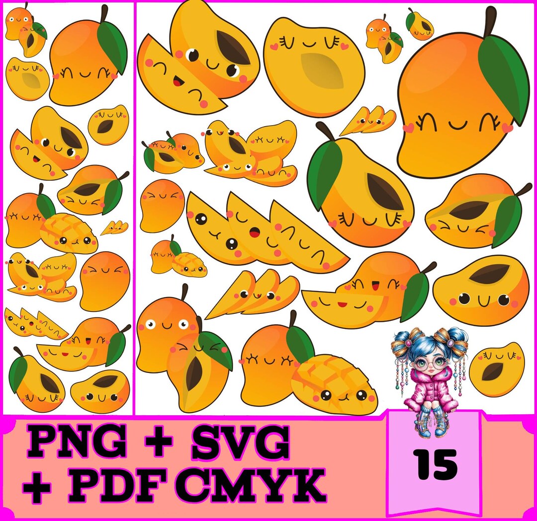 15 Kawaii Mango SVG, Vector Mango Clipart, Cute Mango Cut File for ...