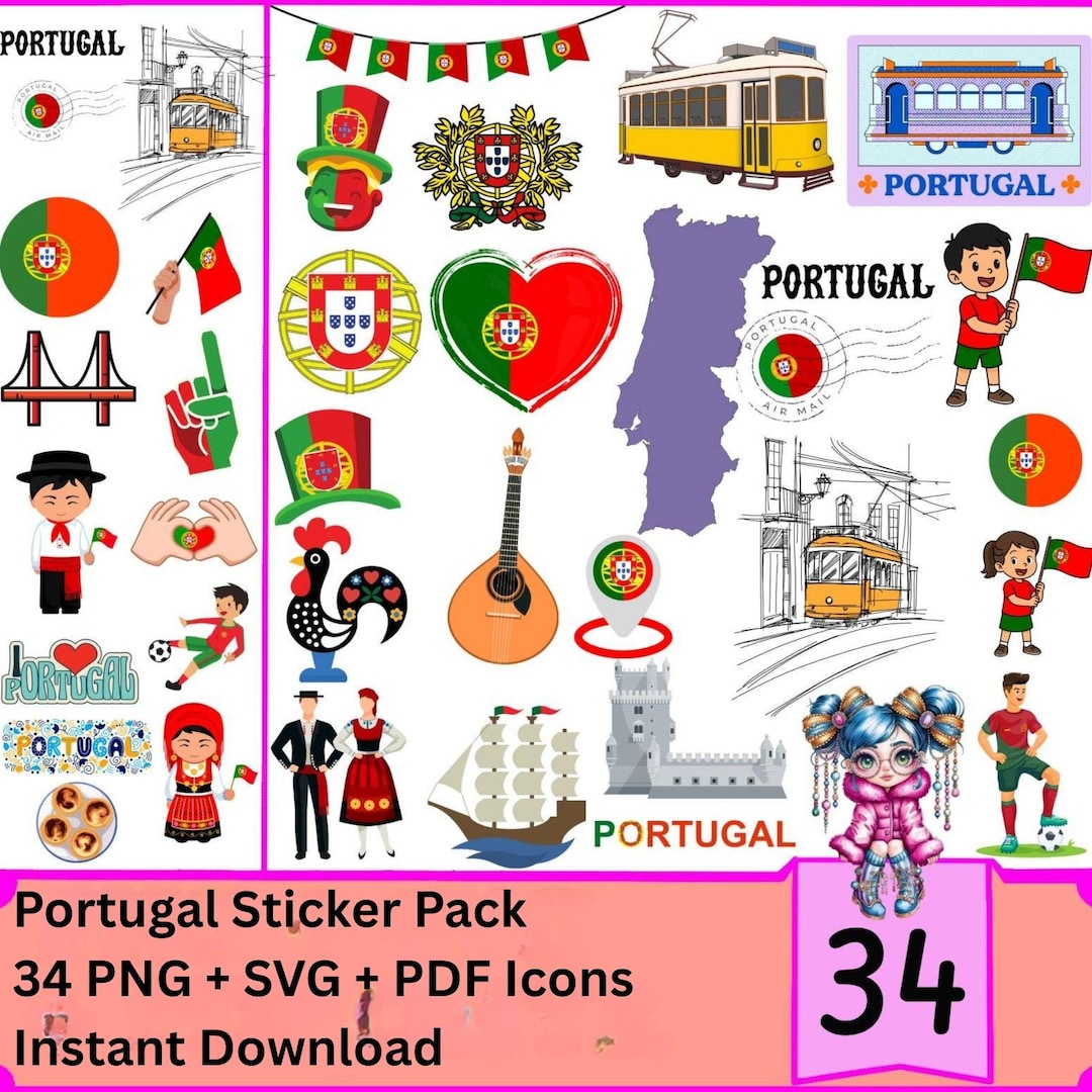 Portugal Sticker Pack | Icons & Landmarks, Travel Clipart (digital ...