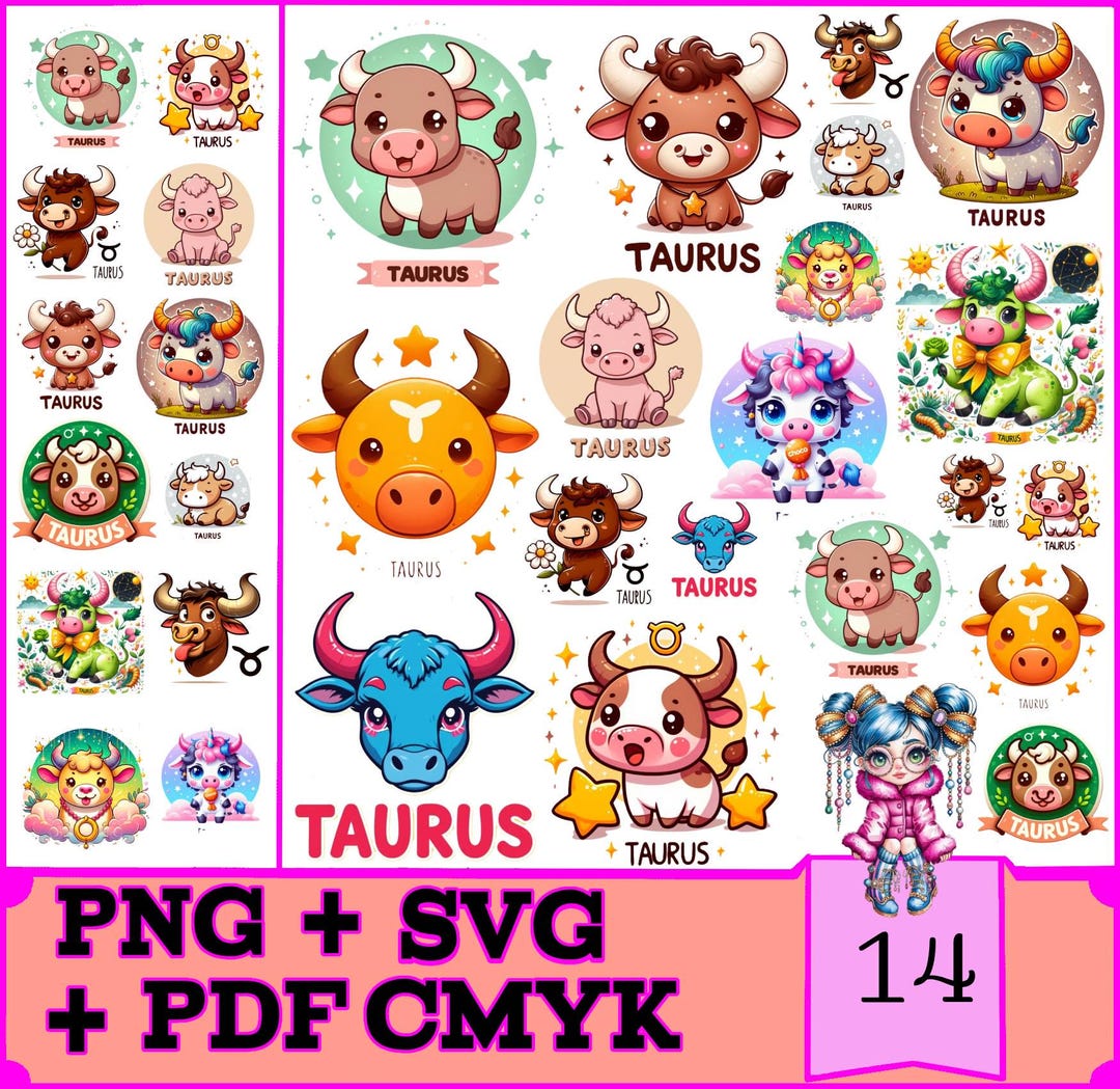 Taurus Zodiac Digital Stickers PNG Bundle Cute Kawaii Transparent ...