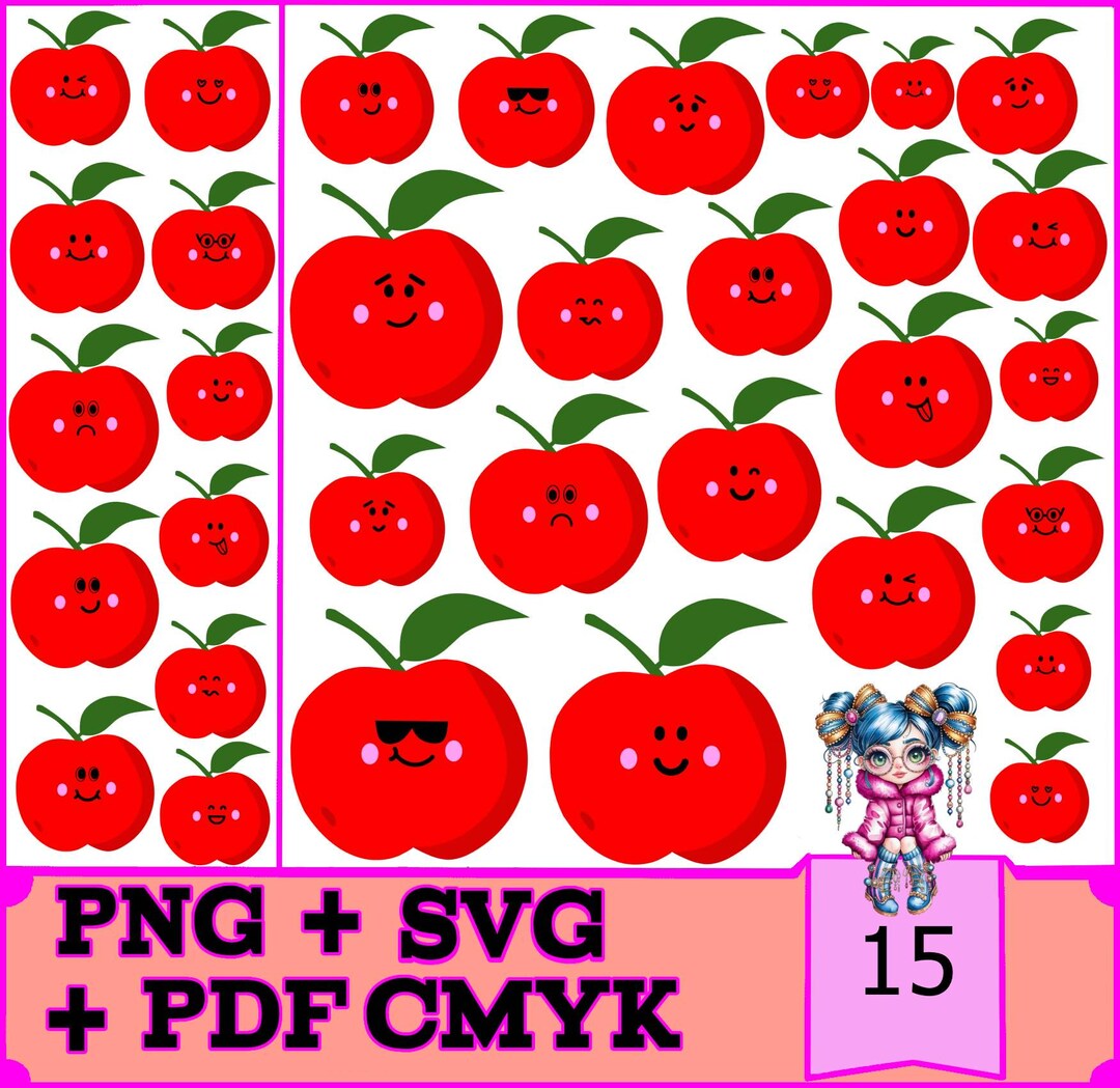 15 Maçãs Fofas Digital Download for Cricut & Silhouette, SVG PNG Files ...