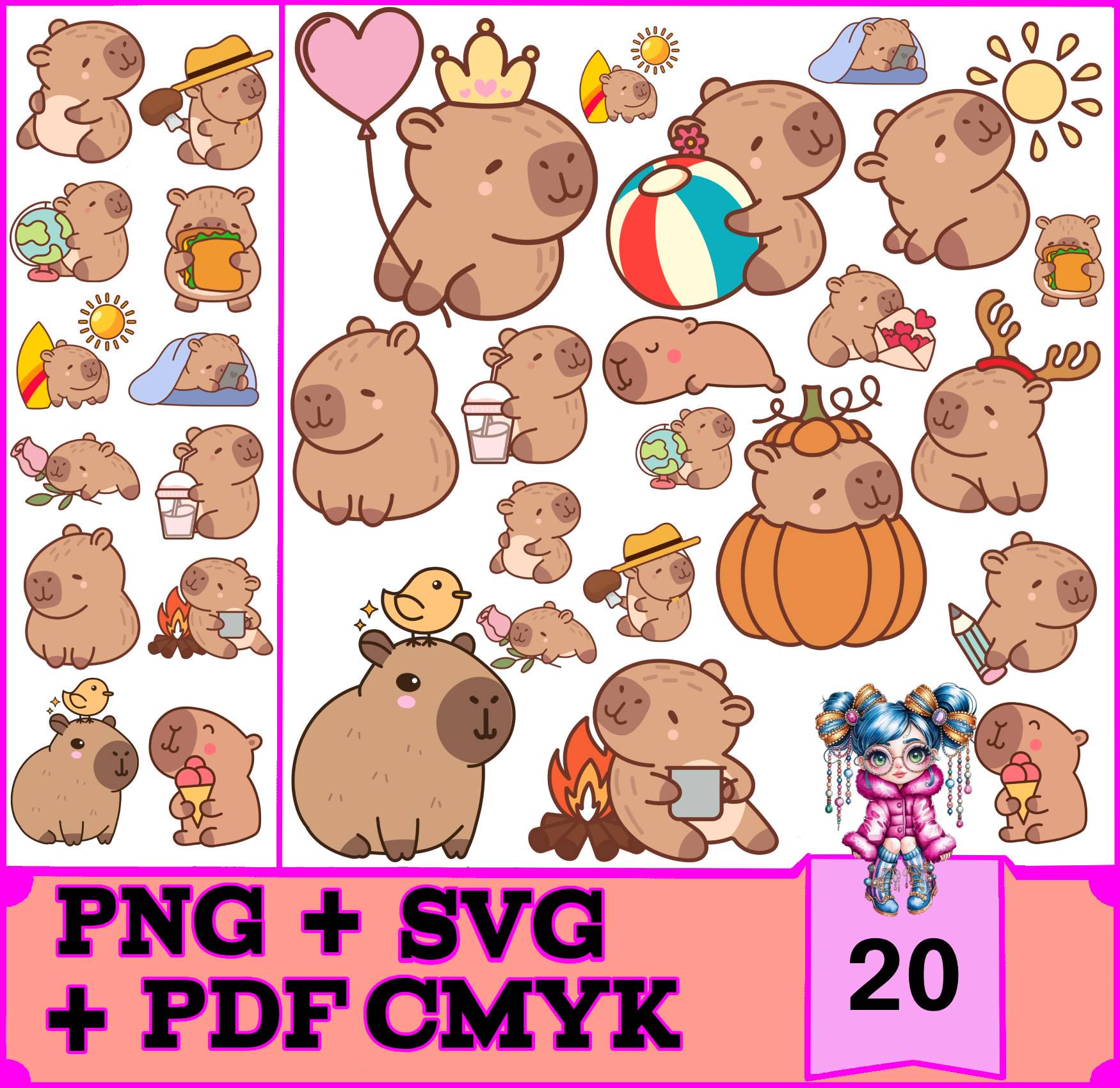 Lindo capibara PNG, paquete de capibara SVG, divertido clipart de ...