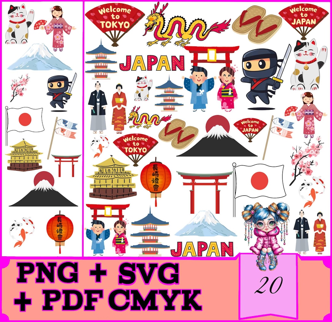 Japanese Clipart Bundle, Sushi, Pagoda, Cherry Blossom (PNG, SVG, PDF ...