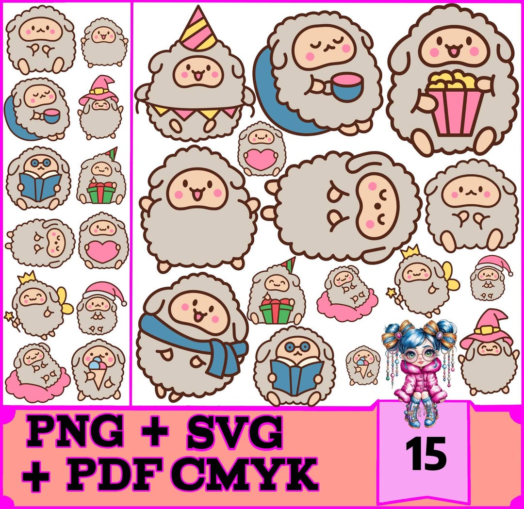 15 Cute Sheep Stickers PNG Bundle Kawaii Transparent Images for ...
