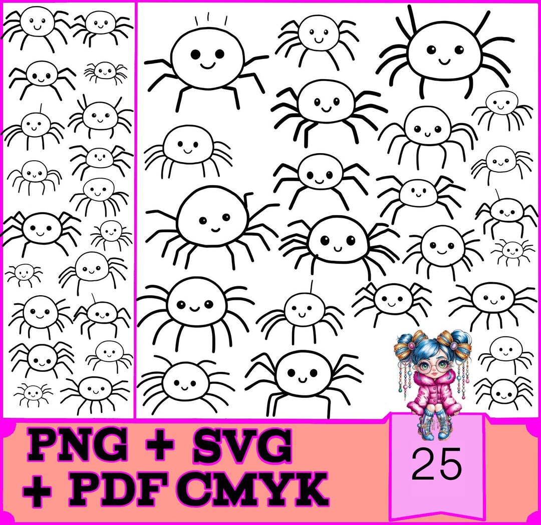 Cute Spider Digital Stickers PNG SVG Bundle, 25 Kawaii Transparent ...