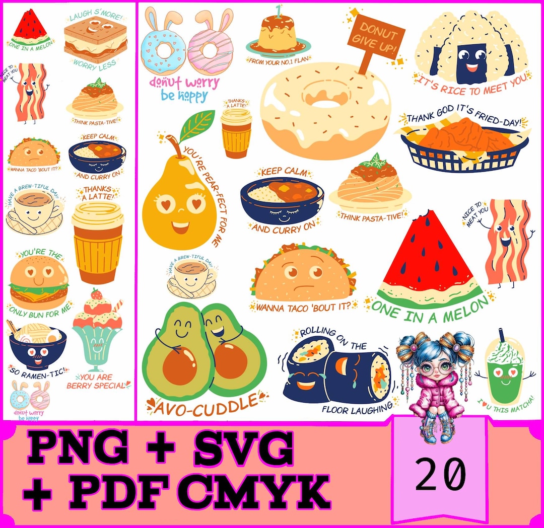 20 Food Pun Printable Sticker PNG SVG PDF - Clip Art Pack, Puns Svg ...