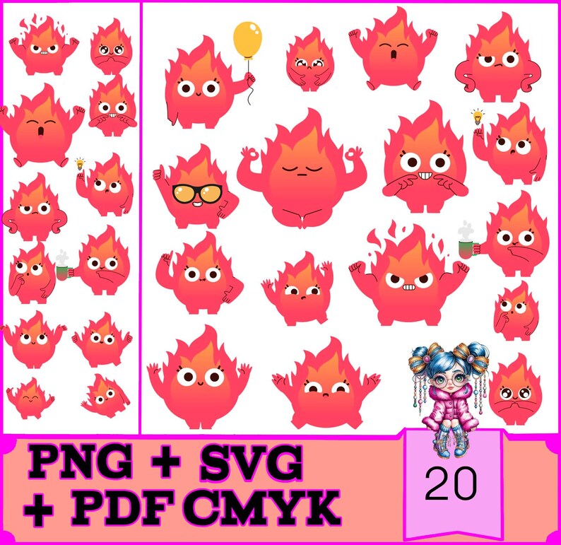 Kawaii Digital Stickers Bundle - 20 Cute Fogos PNG SVG PDF for Instant ...