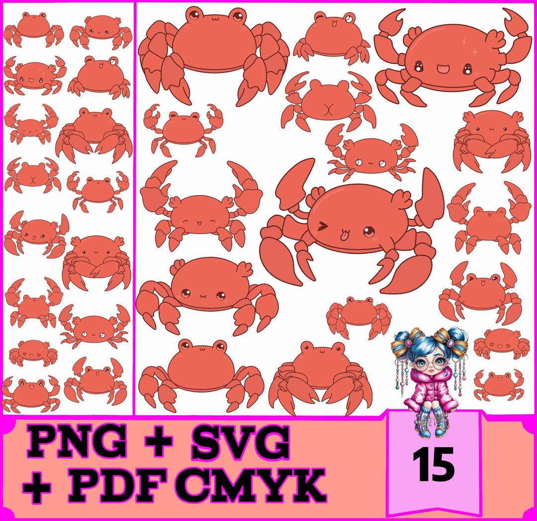 Cute Crab PNG, SVG, PDF Bundle, Digital Crafts Designs, Crab Clipart ...