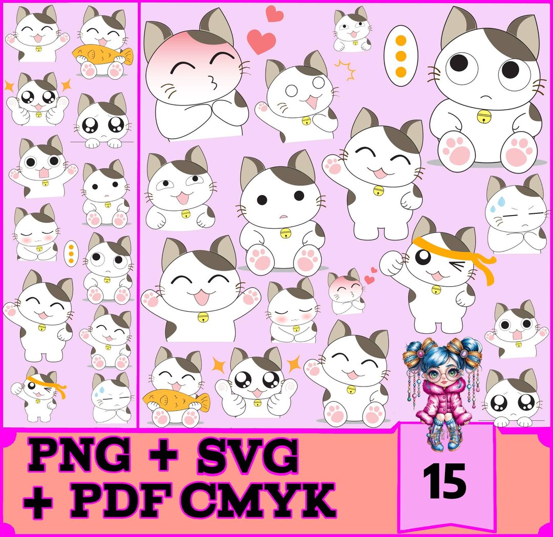 15 Cute Cat Clipart Bundle, Set of Pngs, PDF, SVG, Cartoon Cat, Instant ...