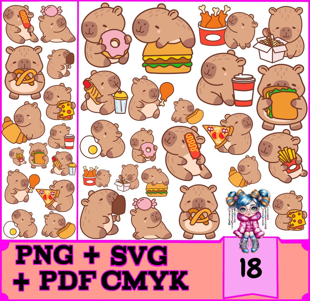 Capybara Food Stickers – Digital Planner Graphics (png, Svg, Pdf CMYK ...