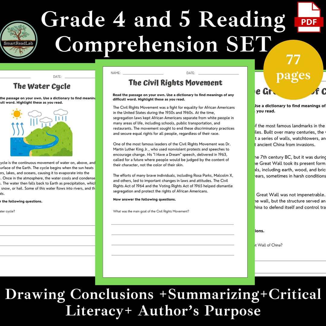 Grade 4 - 5 Reading Worksheets Bundle-4th and 5th Grade - Printable ...