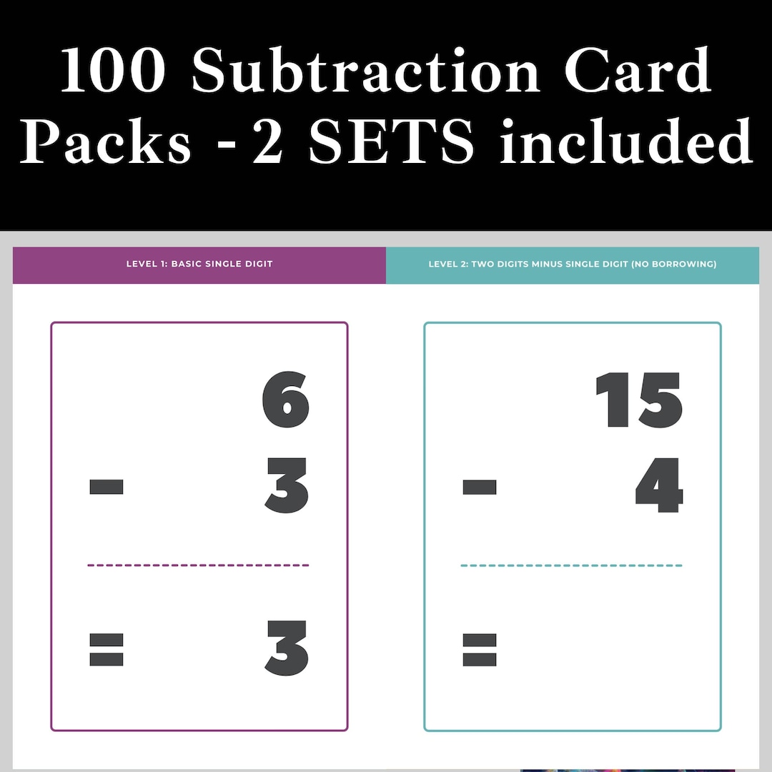 100 Subtraction Flash Cards, Printable Math Cards for Kids, Math ...