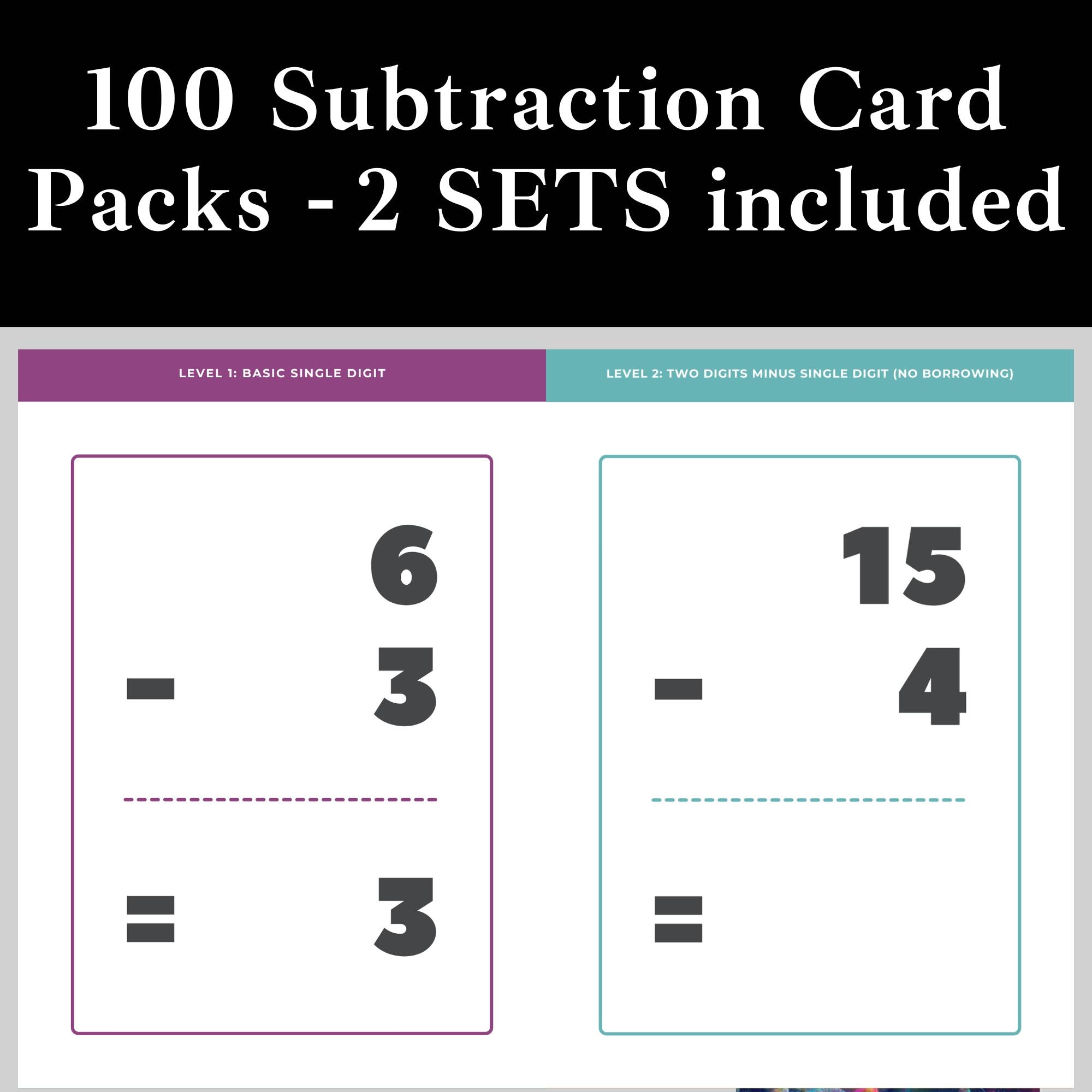 100 Subtraction Flash Cards, Printable Math Cards for Kids, Math ...
