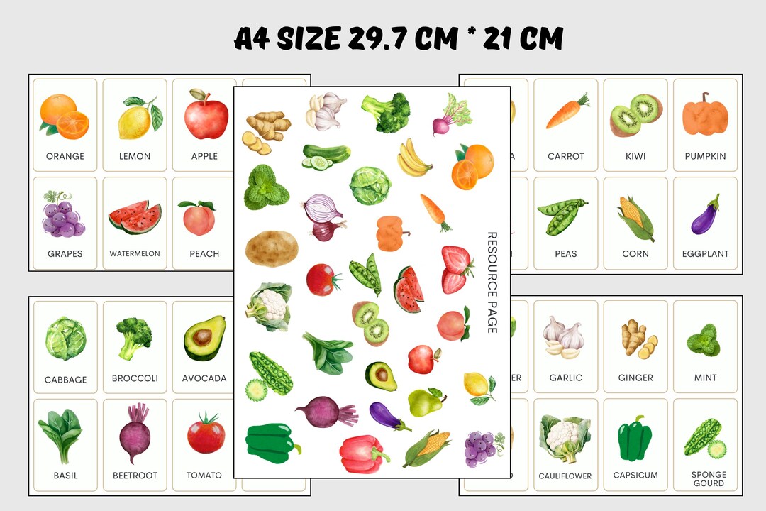 30 Fruits and Vegetables Cards, Montessori Flashcards, Pre-school Cards ...