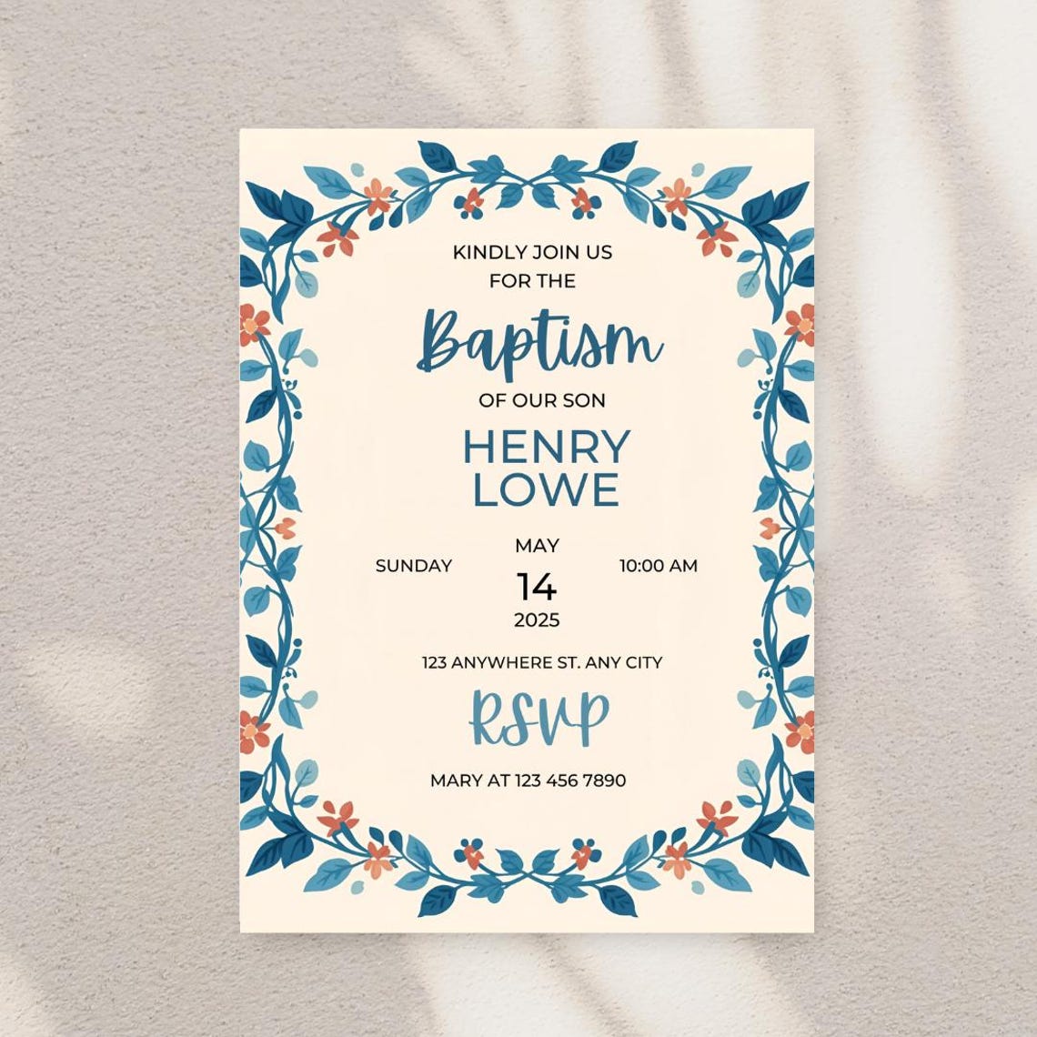 Boy Baptism Invitation Template Editable Canva Invite Blue Christening ...