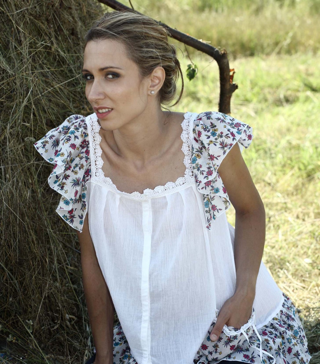 Butterfly Sleeve Top White Lace Tee Cotton Top Sexy White Etsy