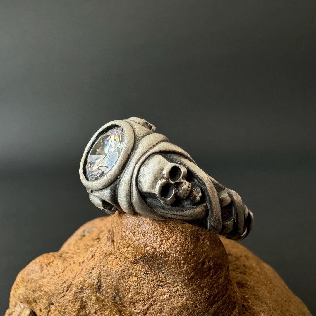 Icy Diamond Skull Ring: Sterling Silver Gothic Biker Jewelry - Etsy