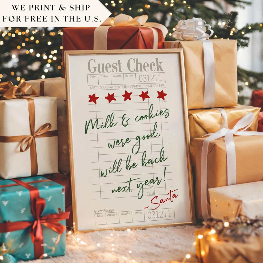 Milk & Cookie Santa Guest Check Christmas Wall Art Print Holiday Decor ...