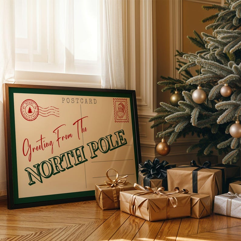 North Pole Postcard Christmas Wall Art Print Rustic Holiday Decor ...