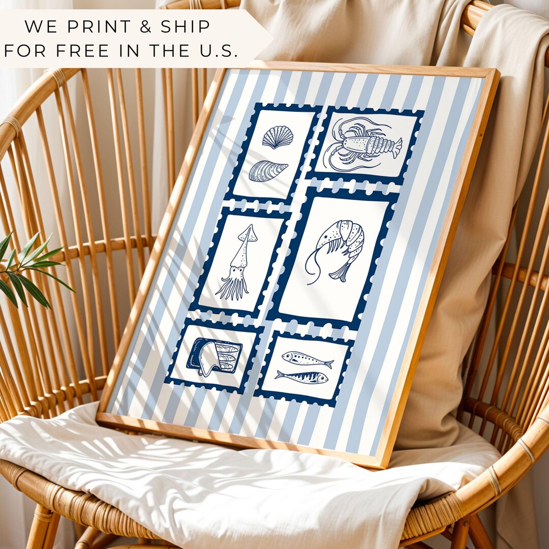 Coastal Stamp Striped Wall Art Print | Coastal Kitchen Decor | Vintage ...