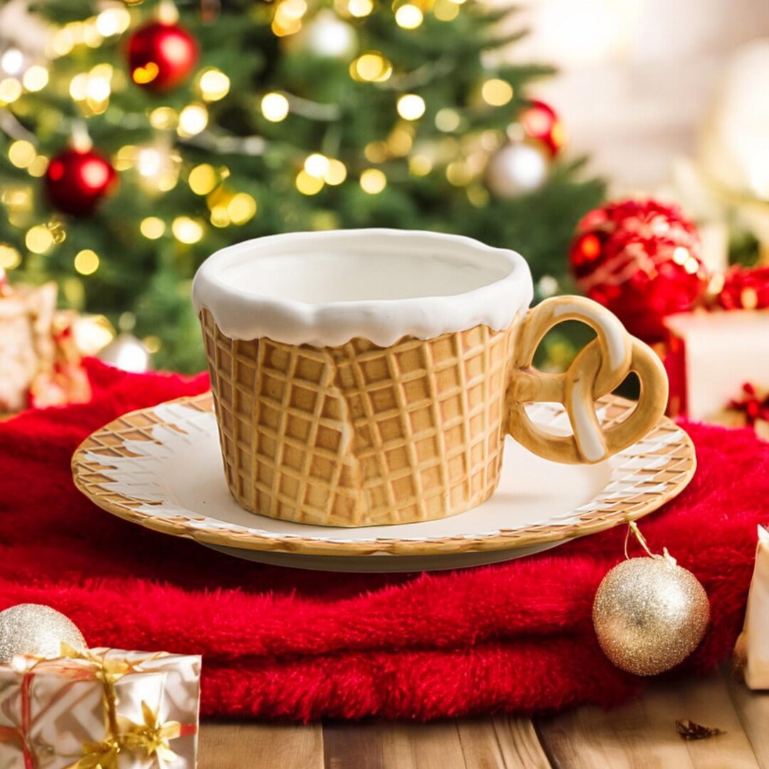 Ice Cream Cone Ceramic Mug With Plate | Waffle Design Coffee Cup Set ...