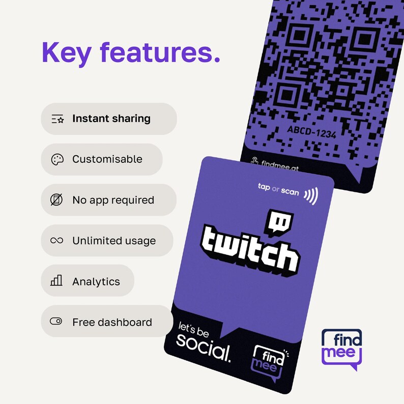 Findmee Twitch NFC Social Media Card, Double-sided QR Code, Custom Name ...