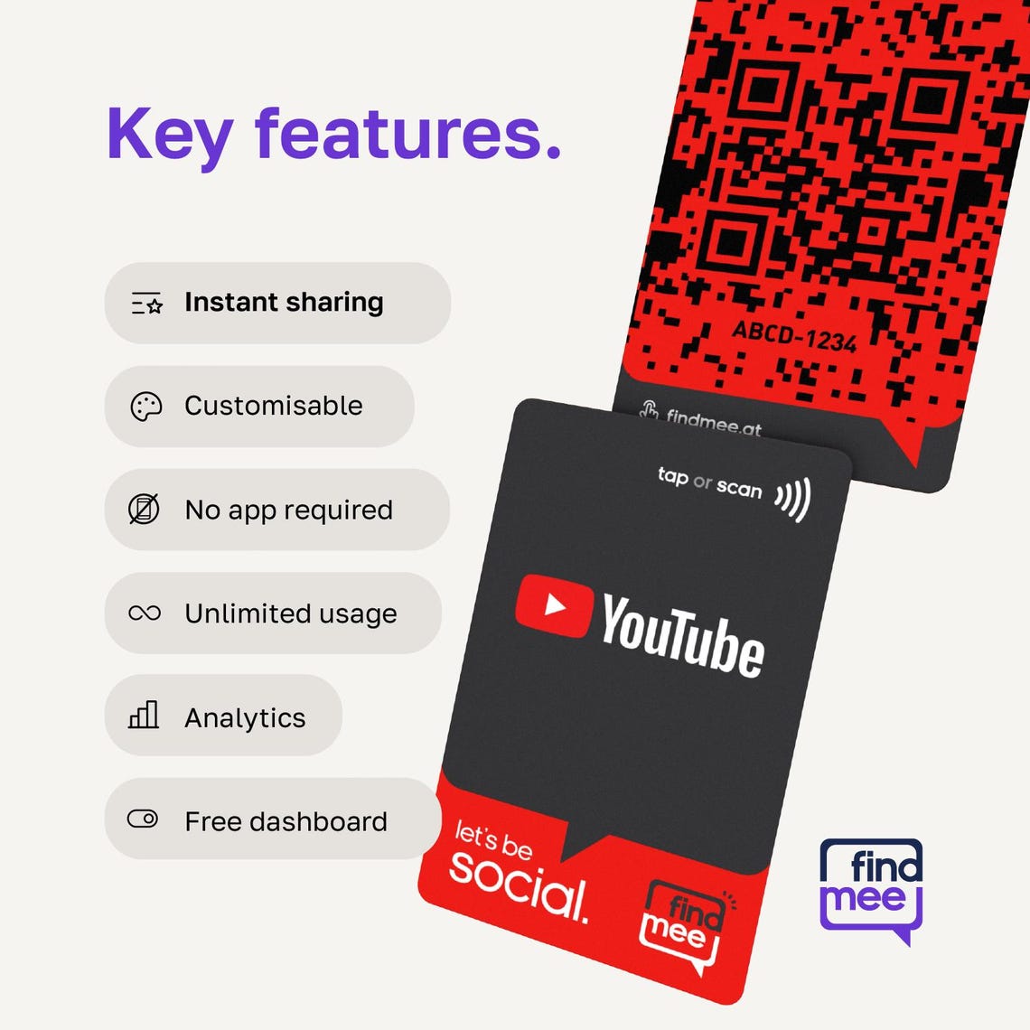 Findmee Youtube NFC Social Media Card, Double-sided QR Code, Custom ...