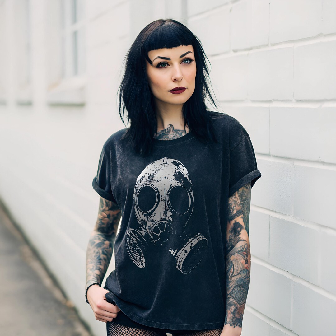 Gas Mask Dystopian Tee Edge Frayed Vintage Washed T-shirt 250 GSM ...