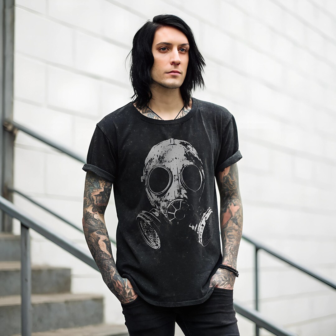 Gas Mask Dystopian Tee Edge Frayed Vintage Washed T-shirt 250 GSM ...