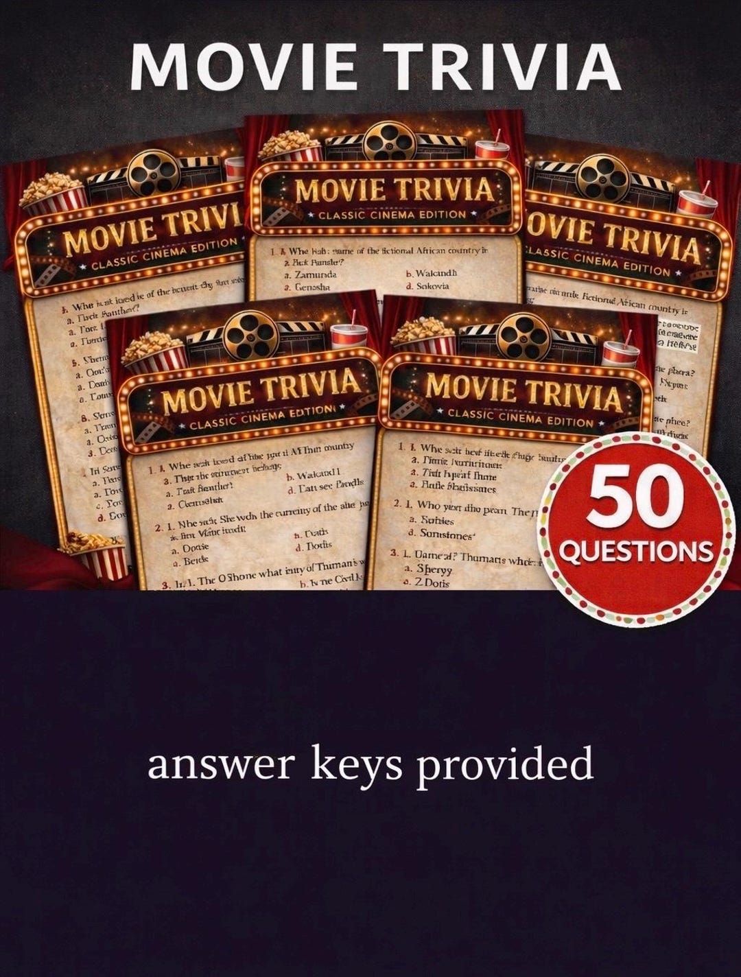 Trivia Game, Board Game, Cinema Questions, Party Supplies, Printable ...