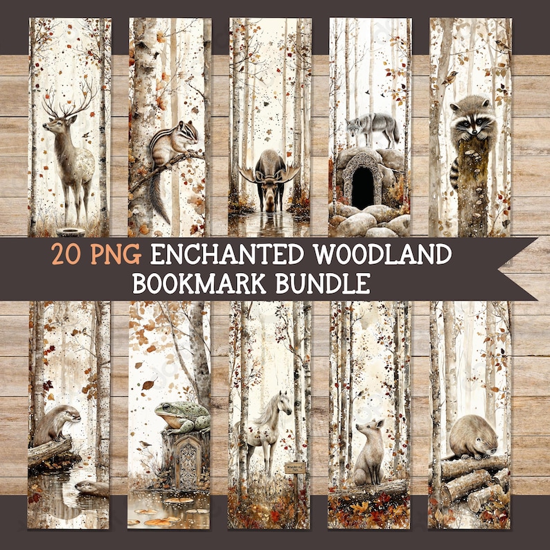 Enchanted Woodland Bookmarks, 20 PNG Bundle, Woodland Animal Art, Fairy ...