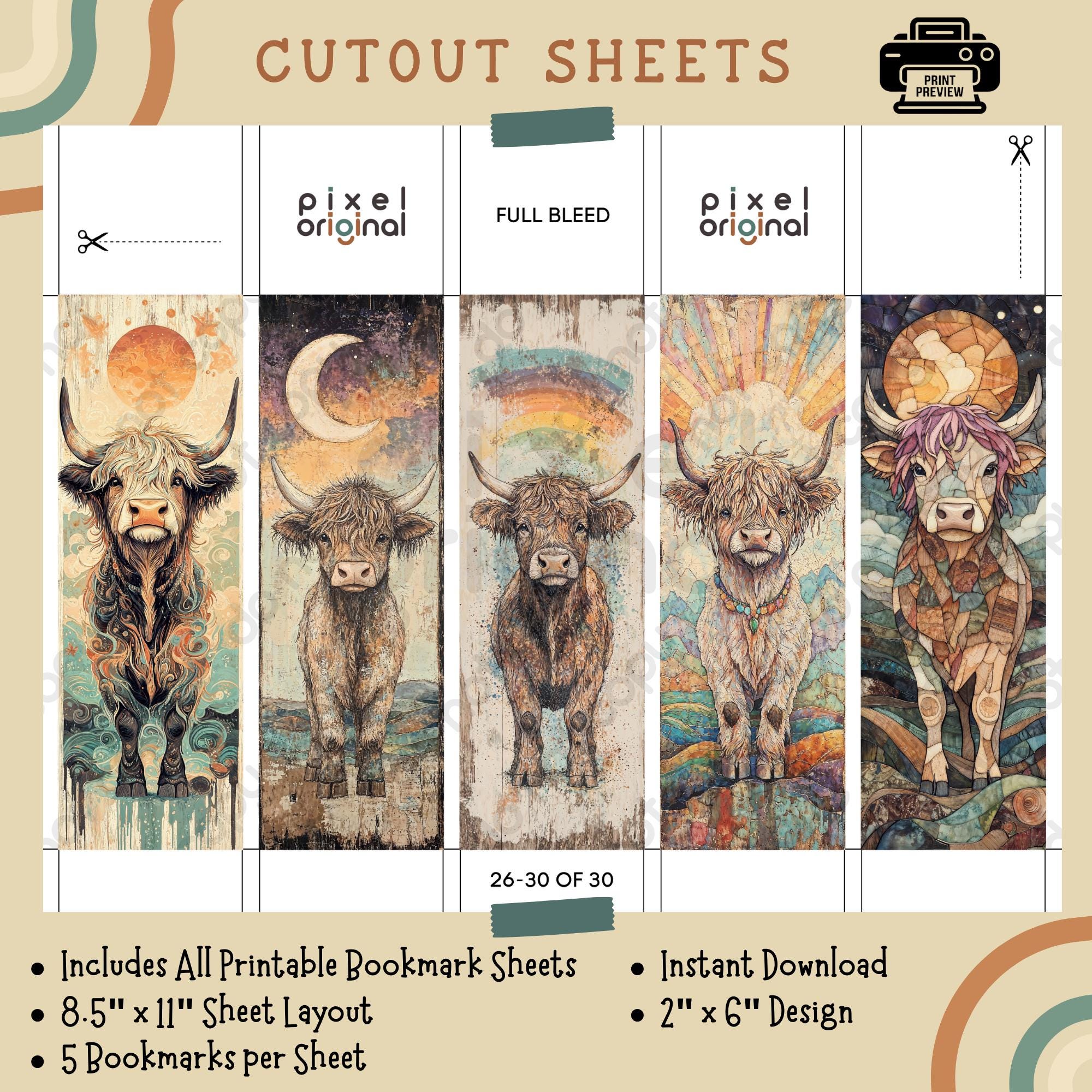 Highland Cow PNG, Bookmark PNG, 30 PNG Bundle, Bookmark Png, Highland ...