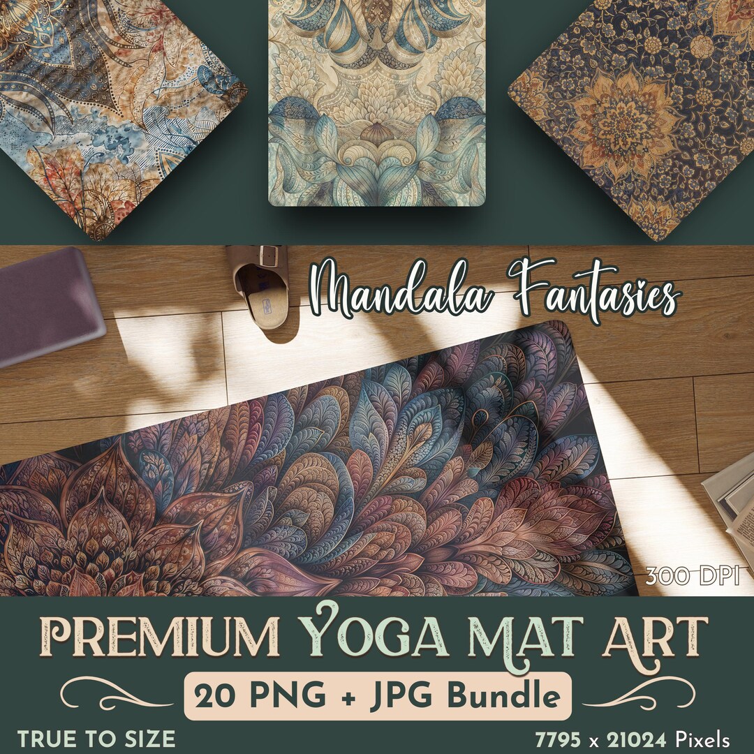 20 Pro Yoga Mat Designs, Mandala PNG JPG Art Bundle, 26x70 300dpi ...