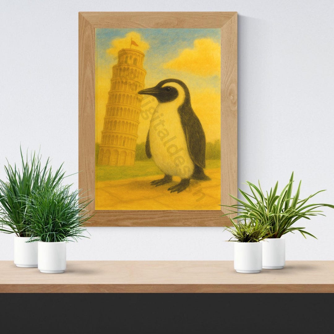 Penguin in Italy Art Print, Tower of Pisa Painting ( Digital Download ...