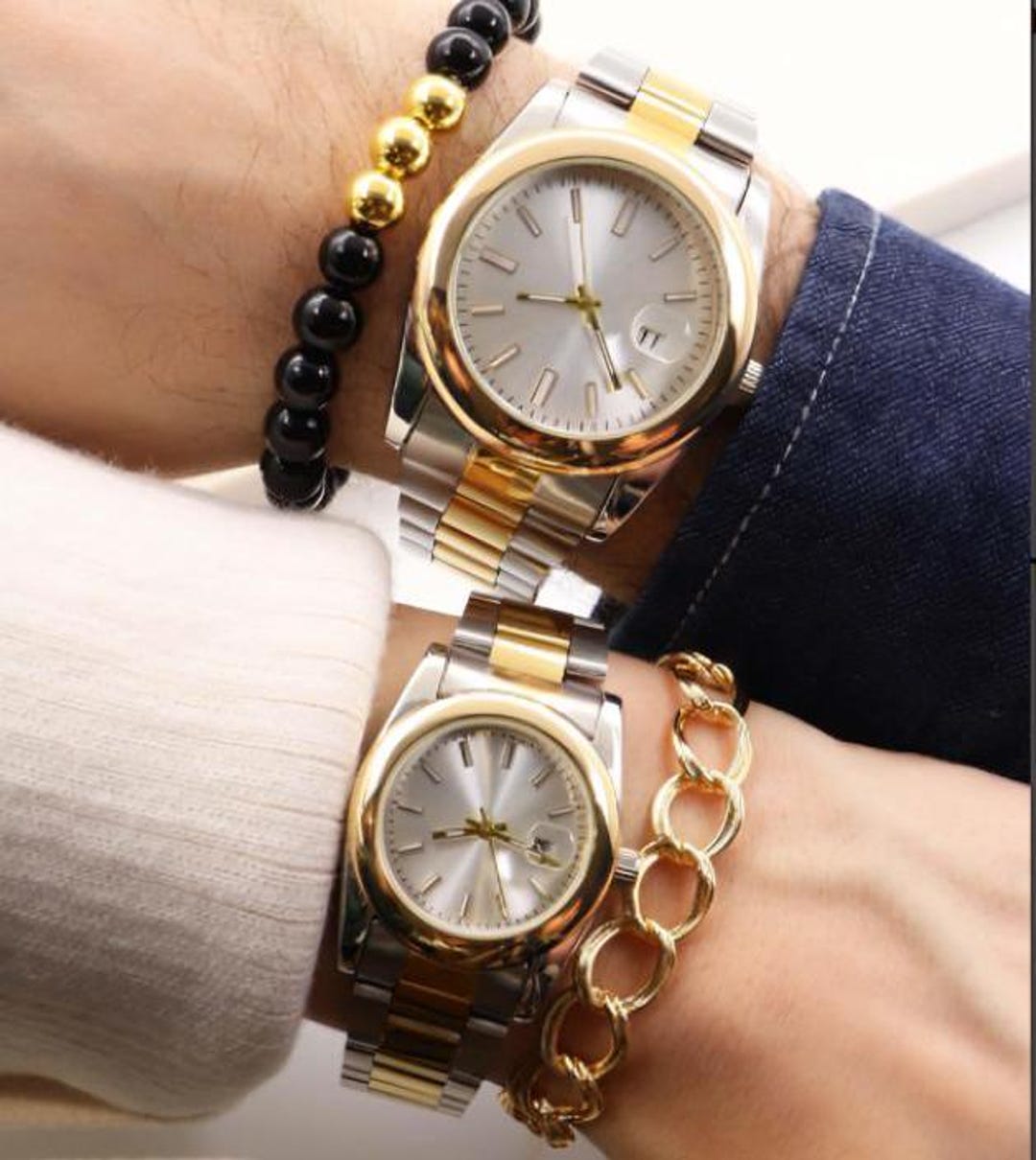 Silver and Gold Couple Watch, Double Watch and Bracelet - Watch Set ...