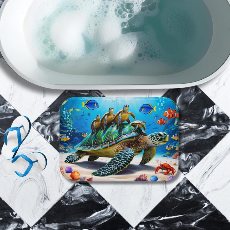 Turtle Bath Mat, Underwater Sea Creature Kids Rug, Non-slip - Etsy