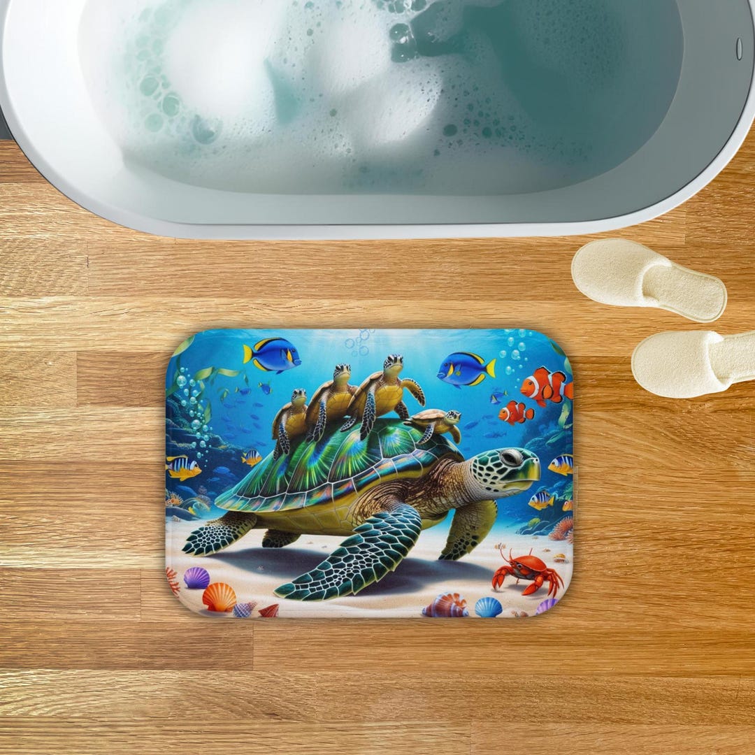 Turtle Bath Mat, Underwater Scene, Sea Creature Rug, Ocean Theme ...