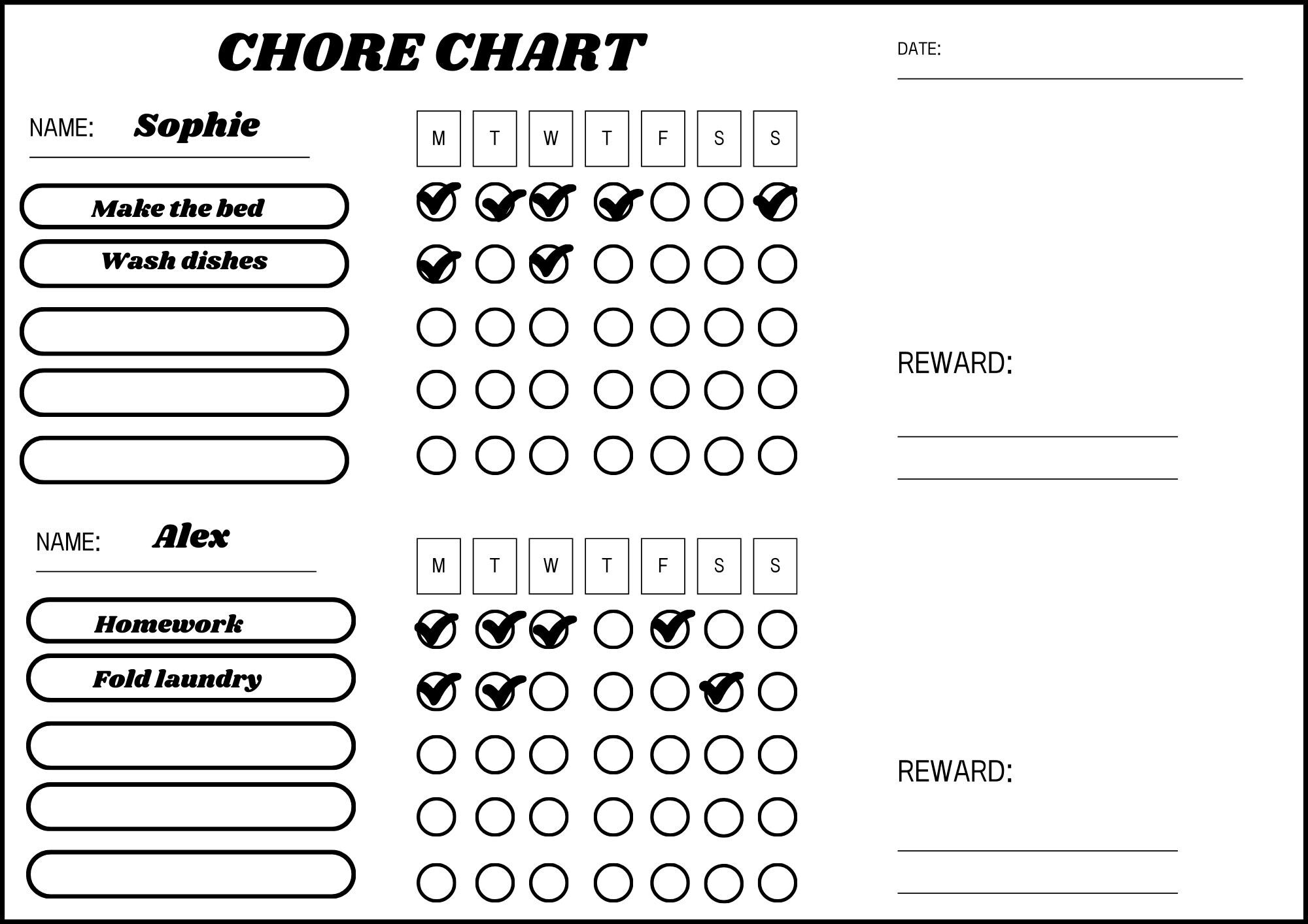 Chore Chart for 2 Kids / Adults, Weekly/daily Household Chores ...