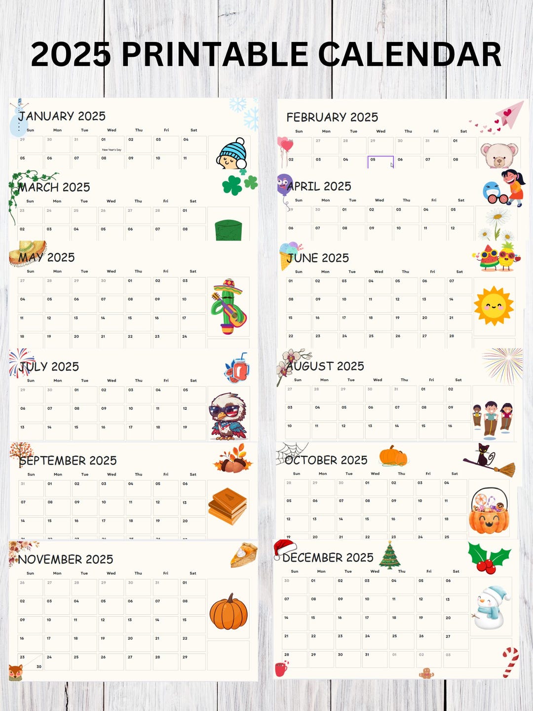 2025 Calendar Printable, Kids Calendar, Wall Calendar PDF, Editable PDF ...