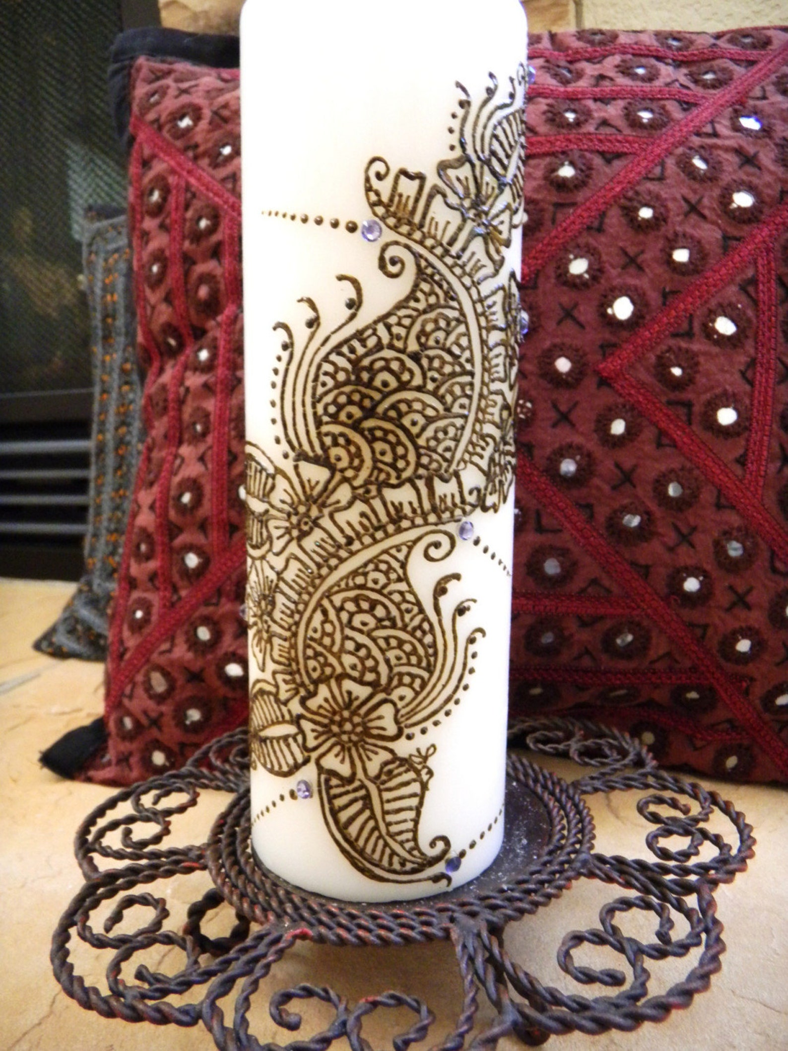 Henna Candle, Has Henna Design and Swarowski Crystals - One of a Kind ...