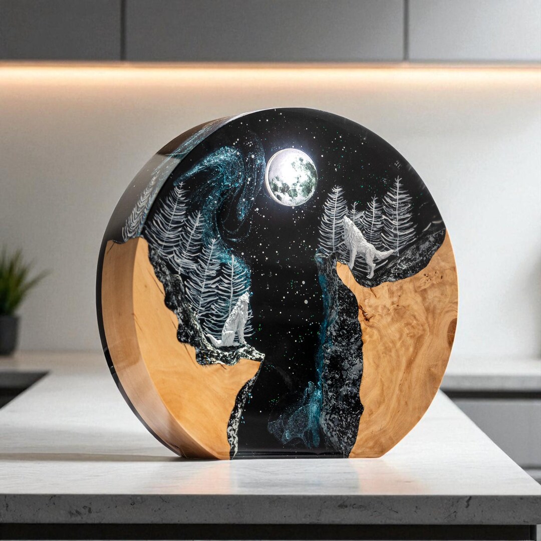 Aurora Borealis Wolf Lamp, Howling Wolf Resin Wood Light, Northern ...
