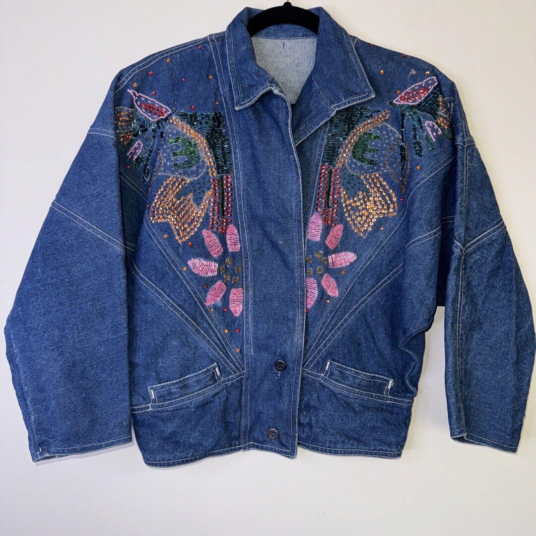 Vintage JOUJOU Denim Beaded Jean Jacket Floral Sunburst Statement WOW ...